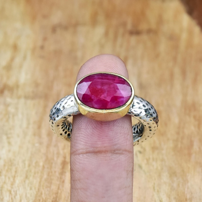 Faceted Ruby Ring: 925 Sterling Silver Micro Hammered Tube Band - Etsy