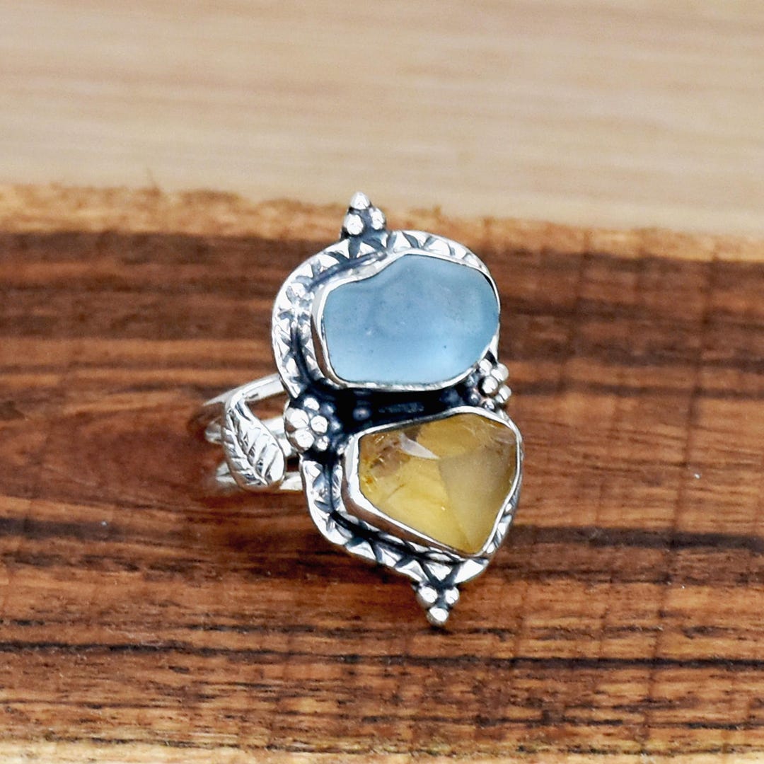 Natural Raw Blue Topaz Ring 925 Sterling Silver Ring Leaf Ring Dual ...