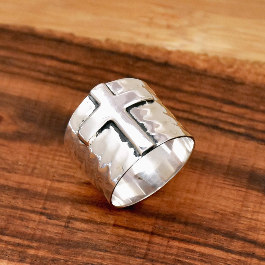 Hammered Sterling Silver Cross Ring - Wide Band Religious Ring - Etsy
