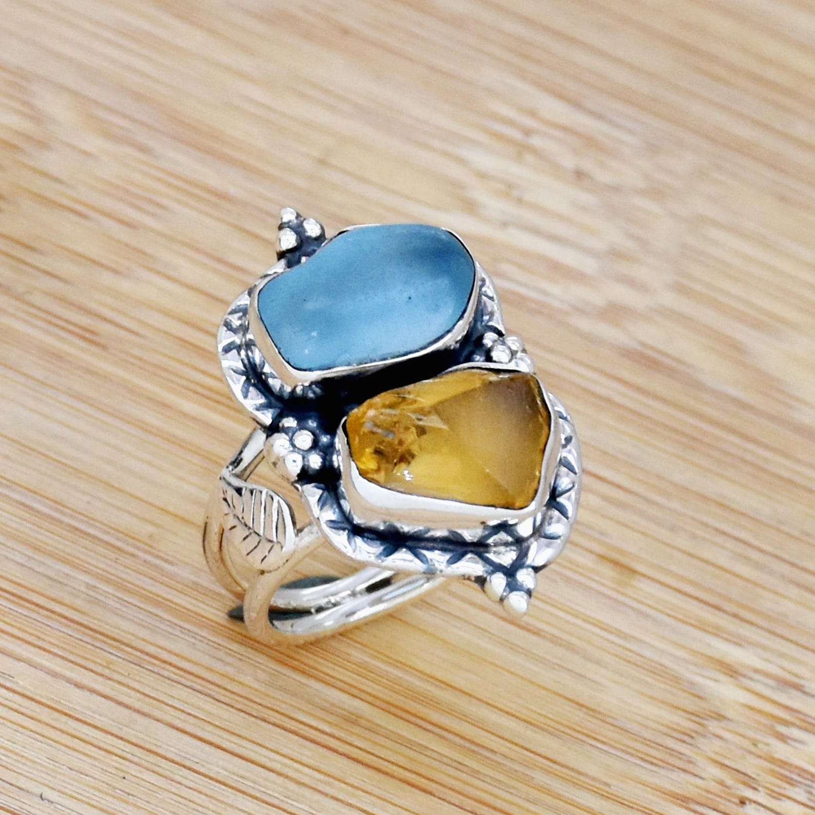 Natural Raw Blue Topaz Ring 925 Sterling Silver Ring Leaf Ring Dual ...