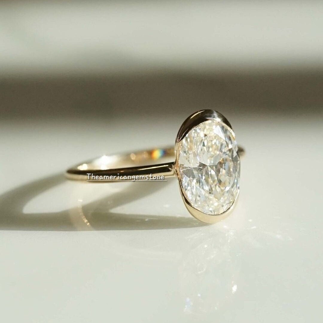 2 CT Bezel Set Oval Engagement Ring Oval Moissanite Ring 14K Yellow ...