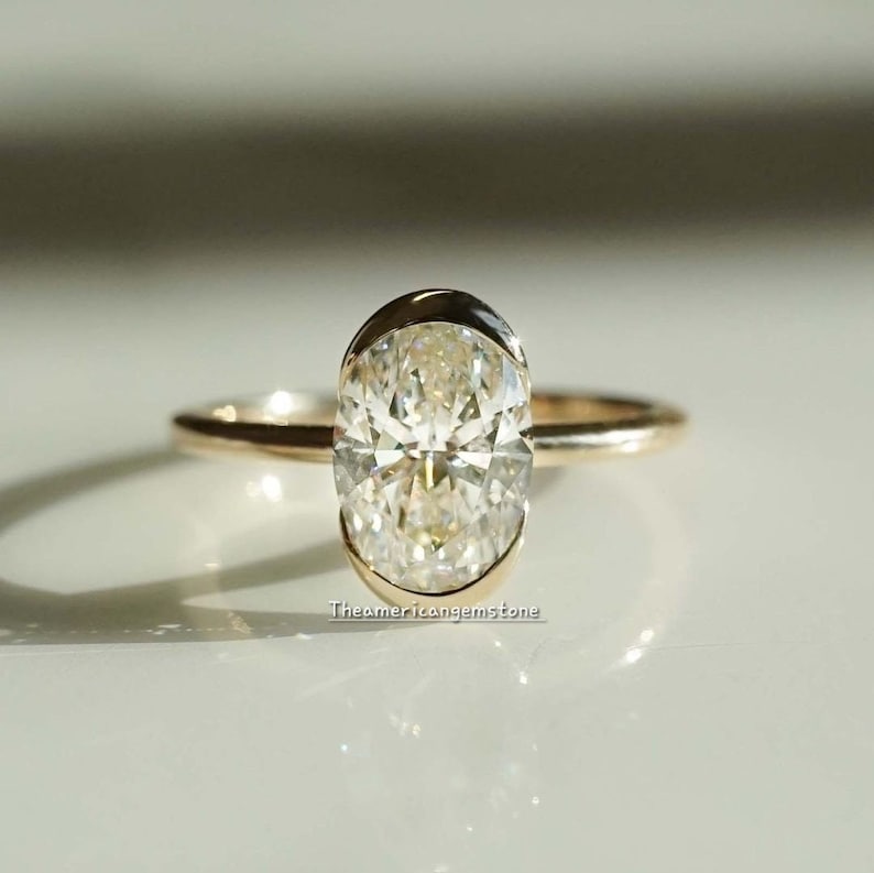 2 CT Bezel Set Oval Engagement Ring Oval Moissanite Ring 14K Yellow ...