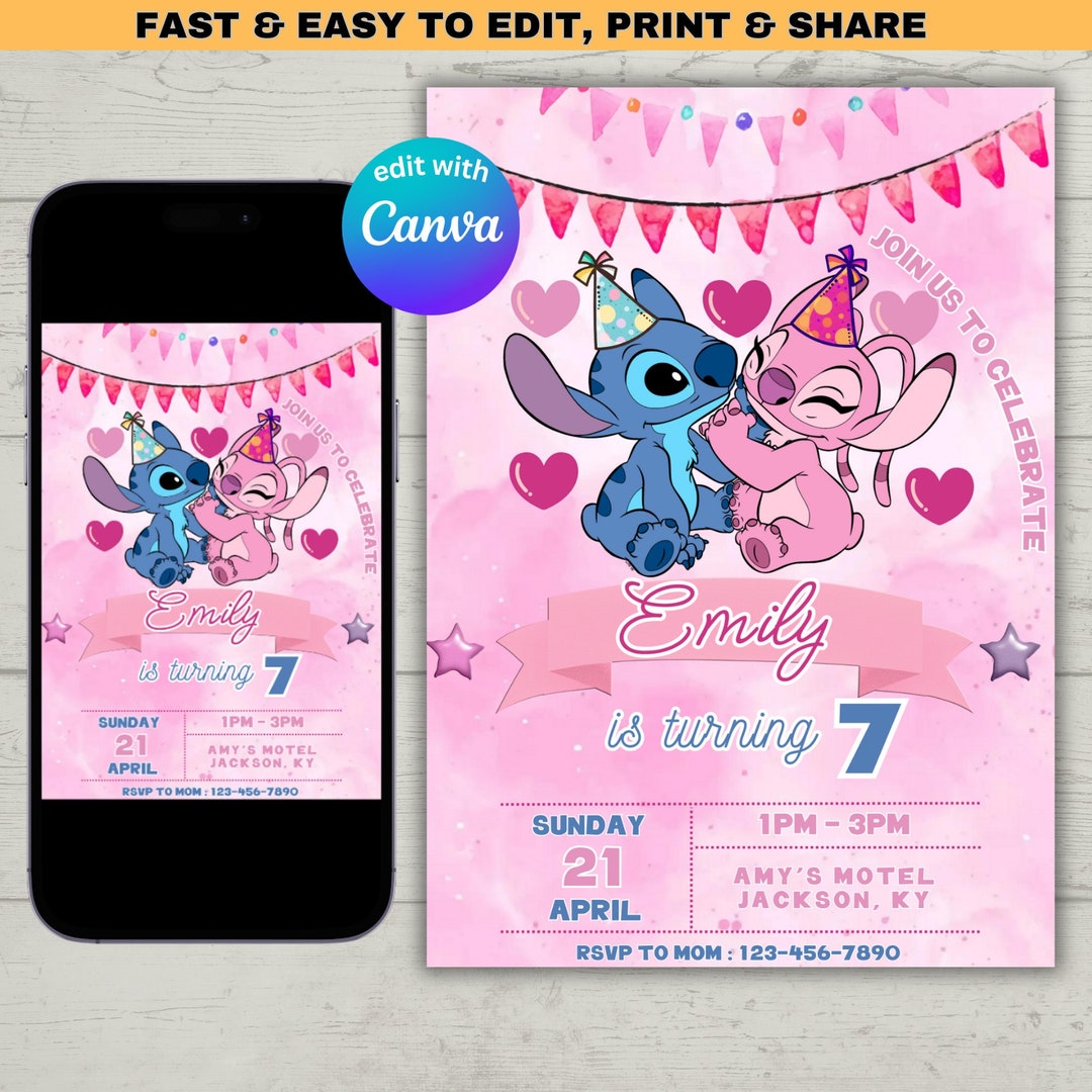 Editable Stitch Birthday Invitation, Canva Editable Birthday Invitation ...