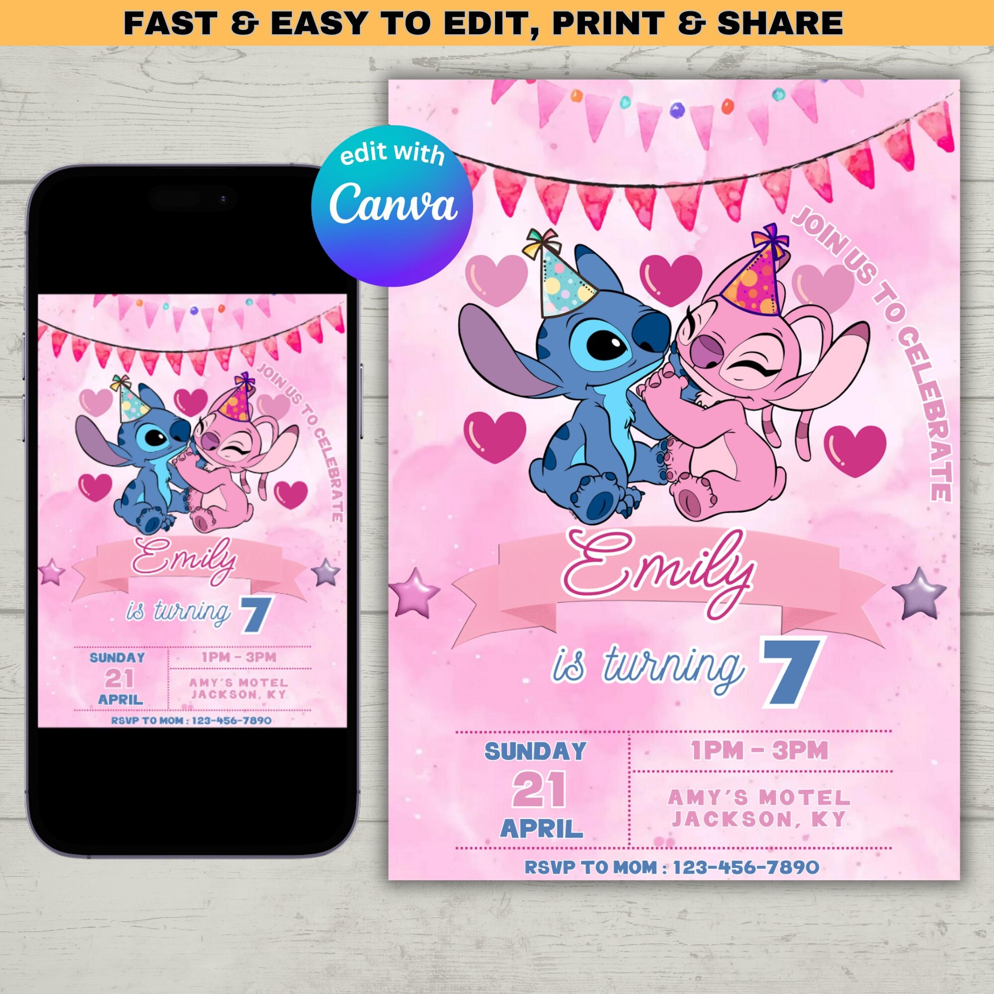 Editable Stitch Birthday Invitation, Canva Editable Birthday Invitation ...