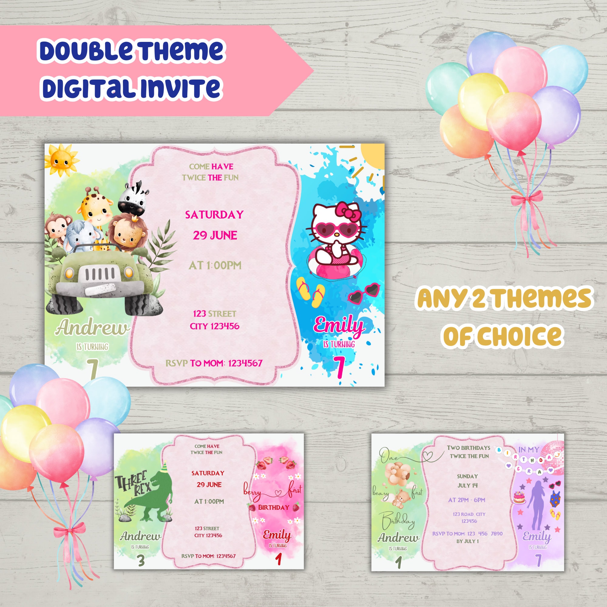 Sibling Birthday Invitation, Double Birthday Invitation, Dual Combined ...