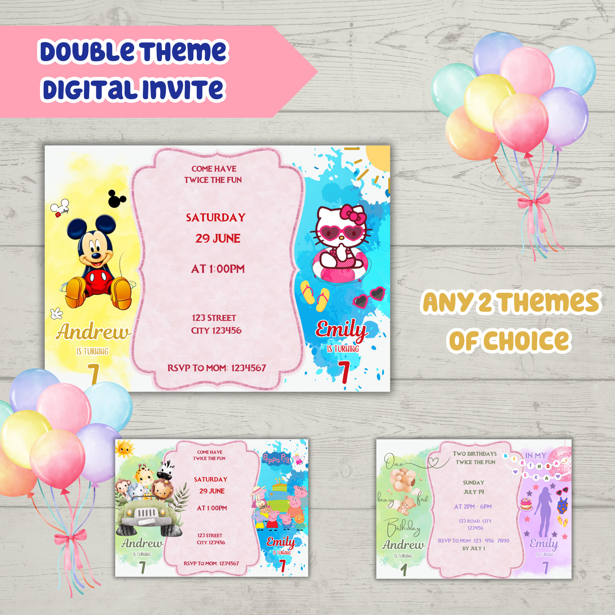 Sibling Birthday Invitation, Double Birthday Invitation, Dual Combined ...