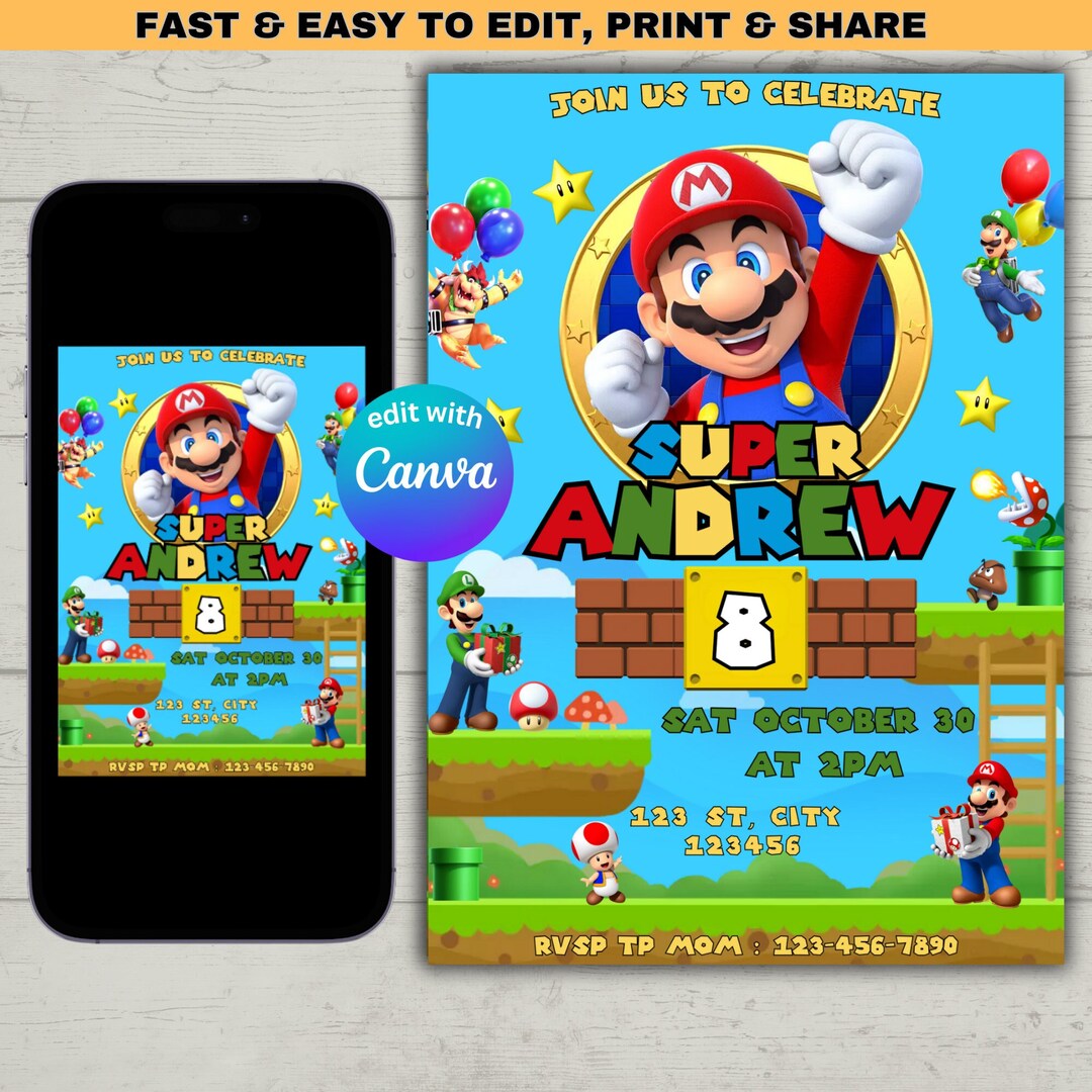 Invitación de Mario Bros, invitación de cumpleaños de Super Mario ...