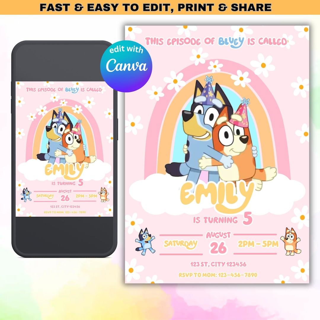Girl Bluey Birthday Invitation Template, Bluey Invitation, Digital ...