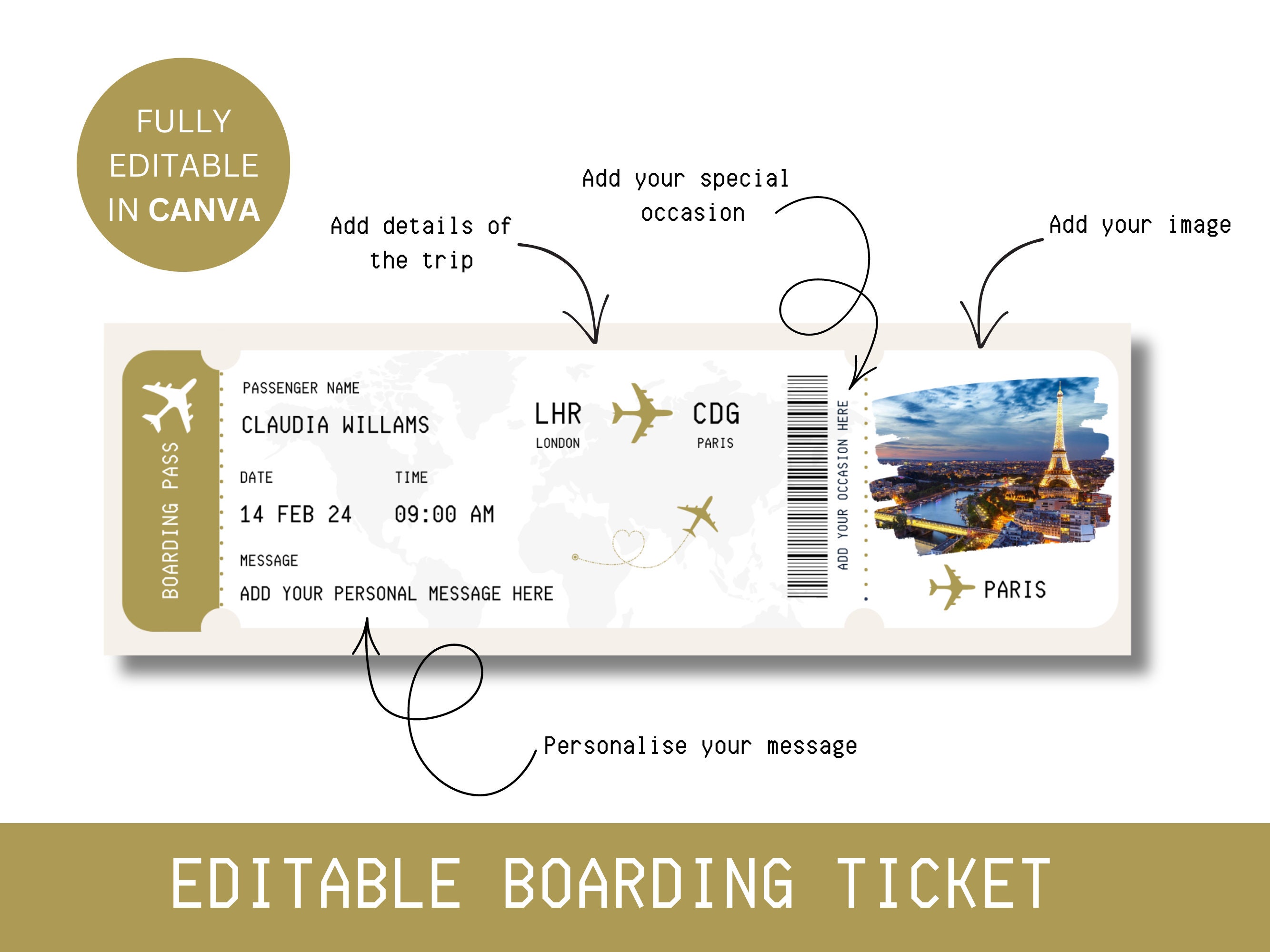 Editable Boarding Pass, DIY Flight Ticket Template, Surprise Trip ...
