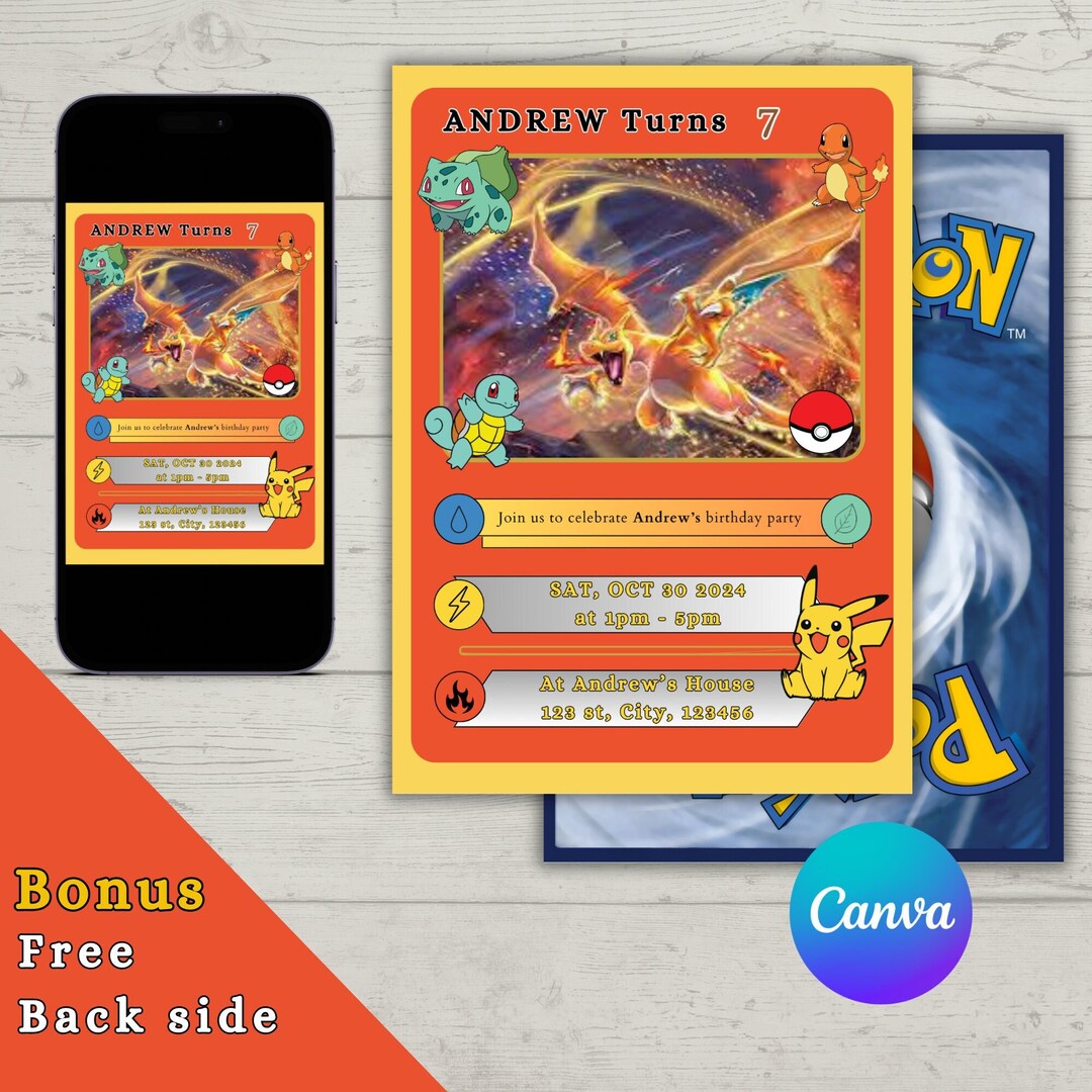 Editable Pokemon Card Invitation, Pokemon Birthday Invitation, Pikachu ...