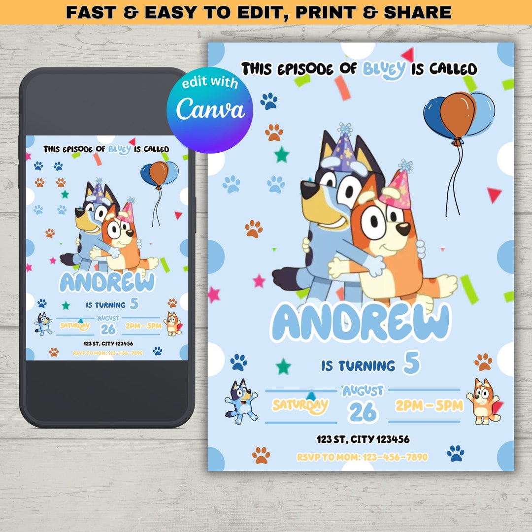 Bluey Editable Birthday Invitation Template, Digital Birthday Party ...