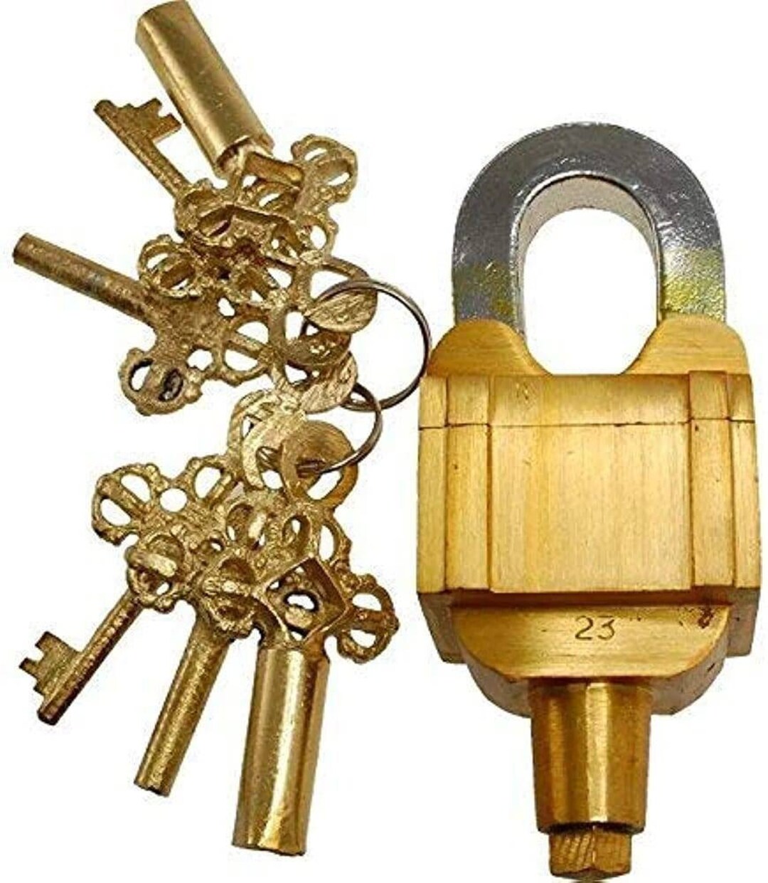 Antique Look Brass 6 Key Tricky Lock Hidden Key Hole Puzzle Padlock ...