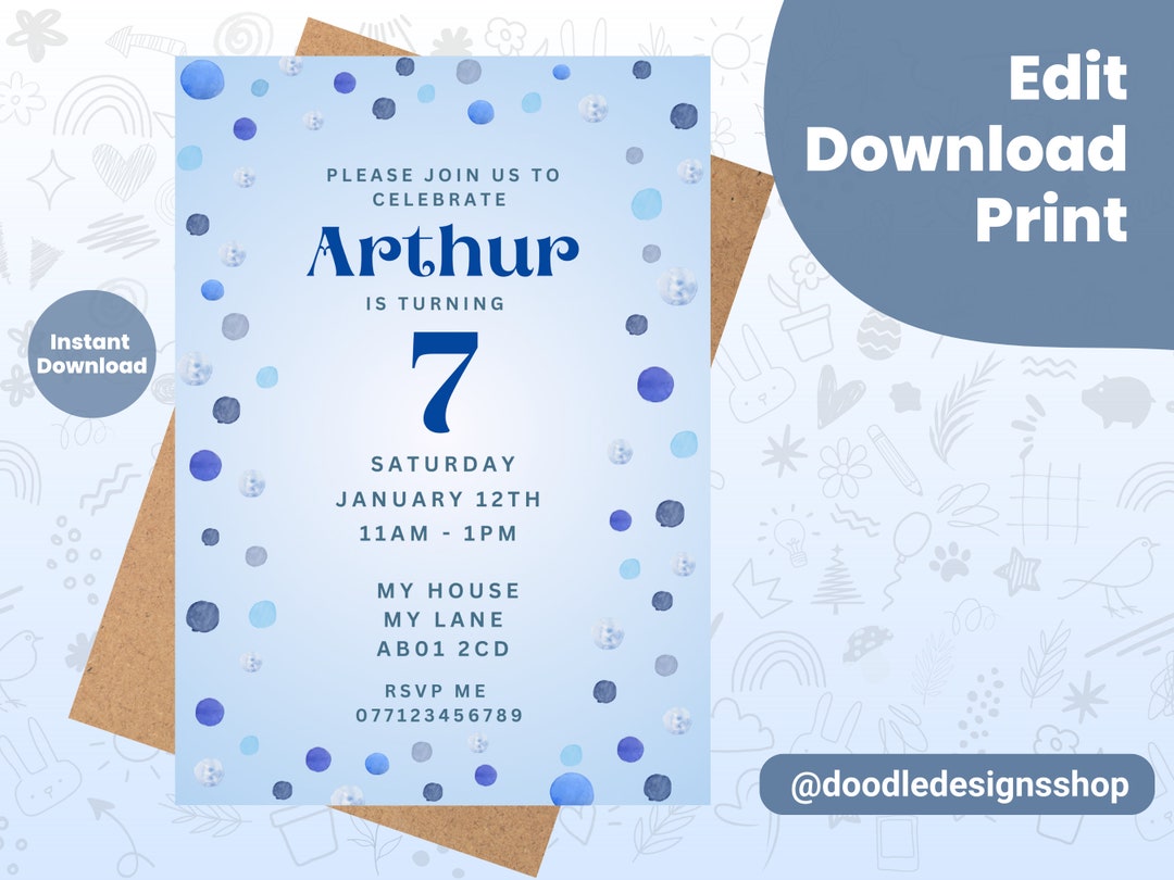 Blue Spot Birthday Invitation Template | DIY Printable (5x7 Inch) - Etsy