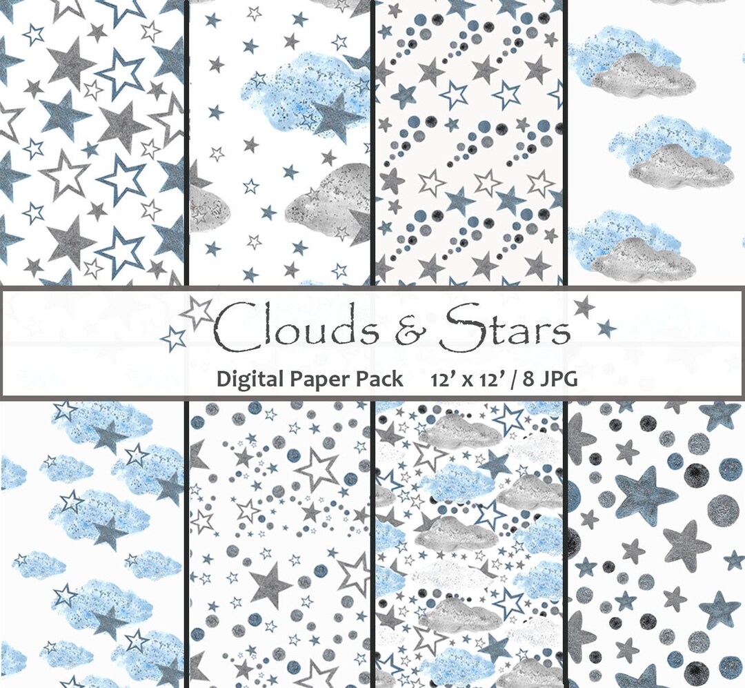 Stars and Clouds Digital Paper Pack: Watercolor Blue & Silver (12x12 ...