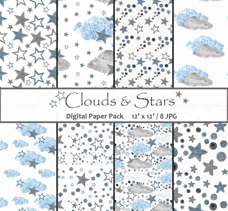 Stars and Clouds Digital Paper Pack: Watercolor Blue & Silver (12x12 ...