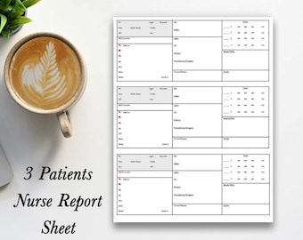 4 Patients Nurse Sheet Report AM/PM, Medical Surgical, Telemetry, RN ...