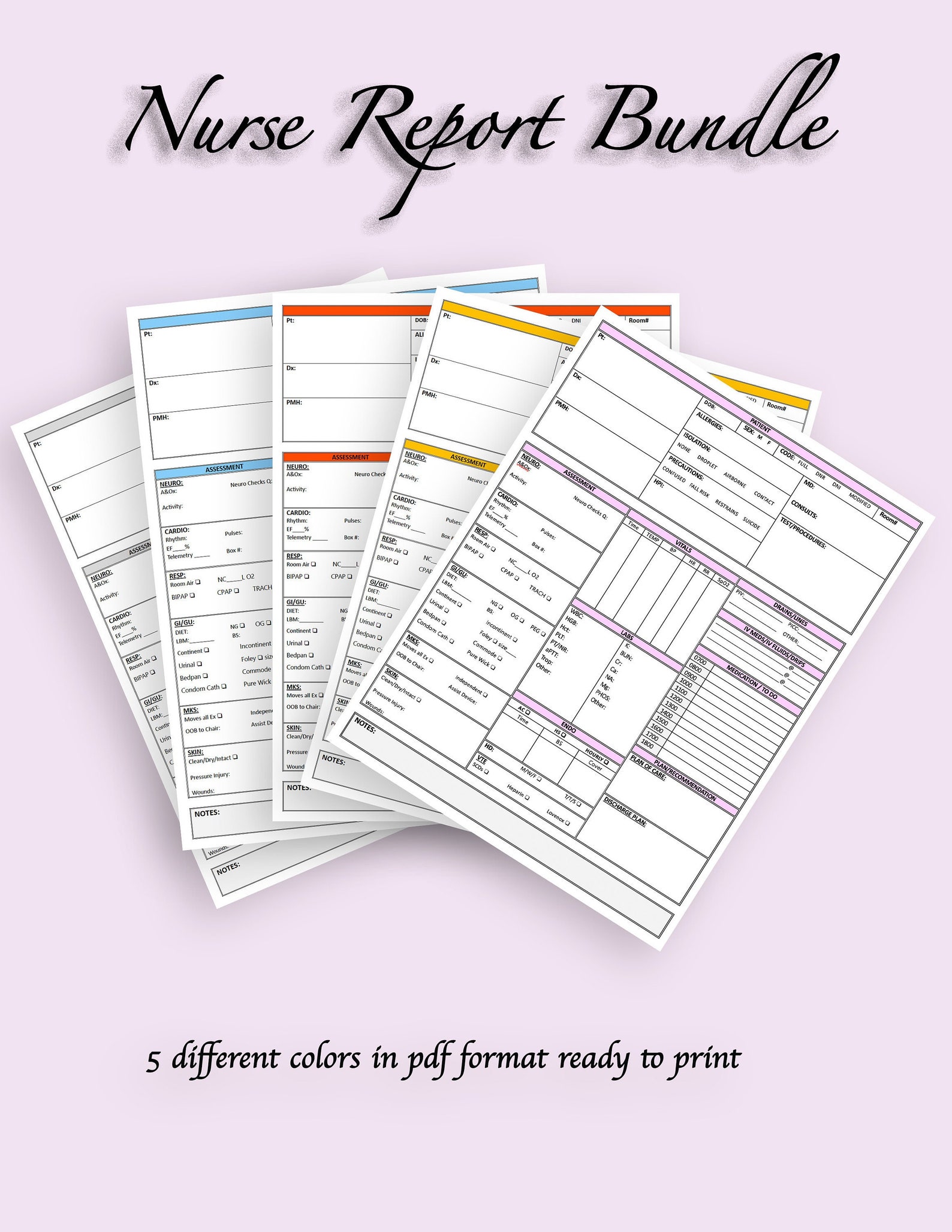 Nurse Report Sheet Bundle, Nurse Brain Sheet, 5 Colors, Nurse Report ...