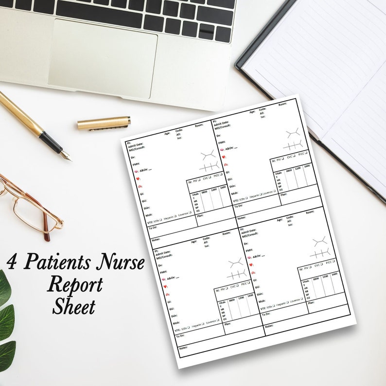 4 Patients Nurse Sheet Report AM/PM, Medical Surgical, Telemetry, RN ...