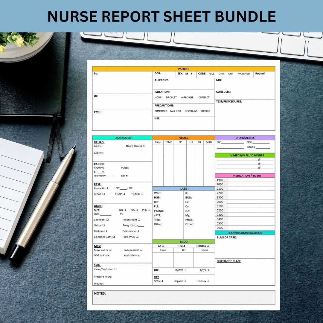 Medical Surgical Nurse Report Sheet Bundle AM/PM, Multiple Colors ...