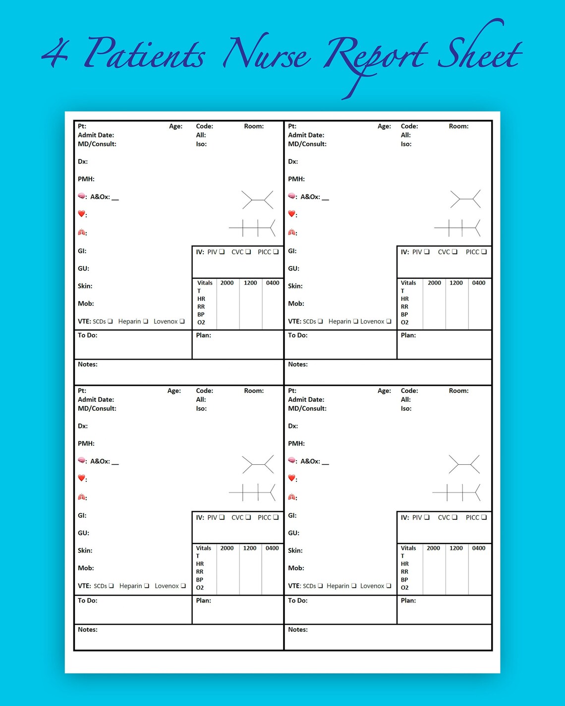 4 Patients Nurse Sheet Report AM/PM, Medical Surgical, Telemetry, RN ...