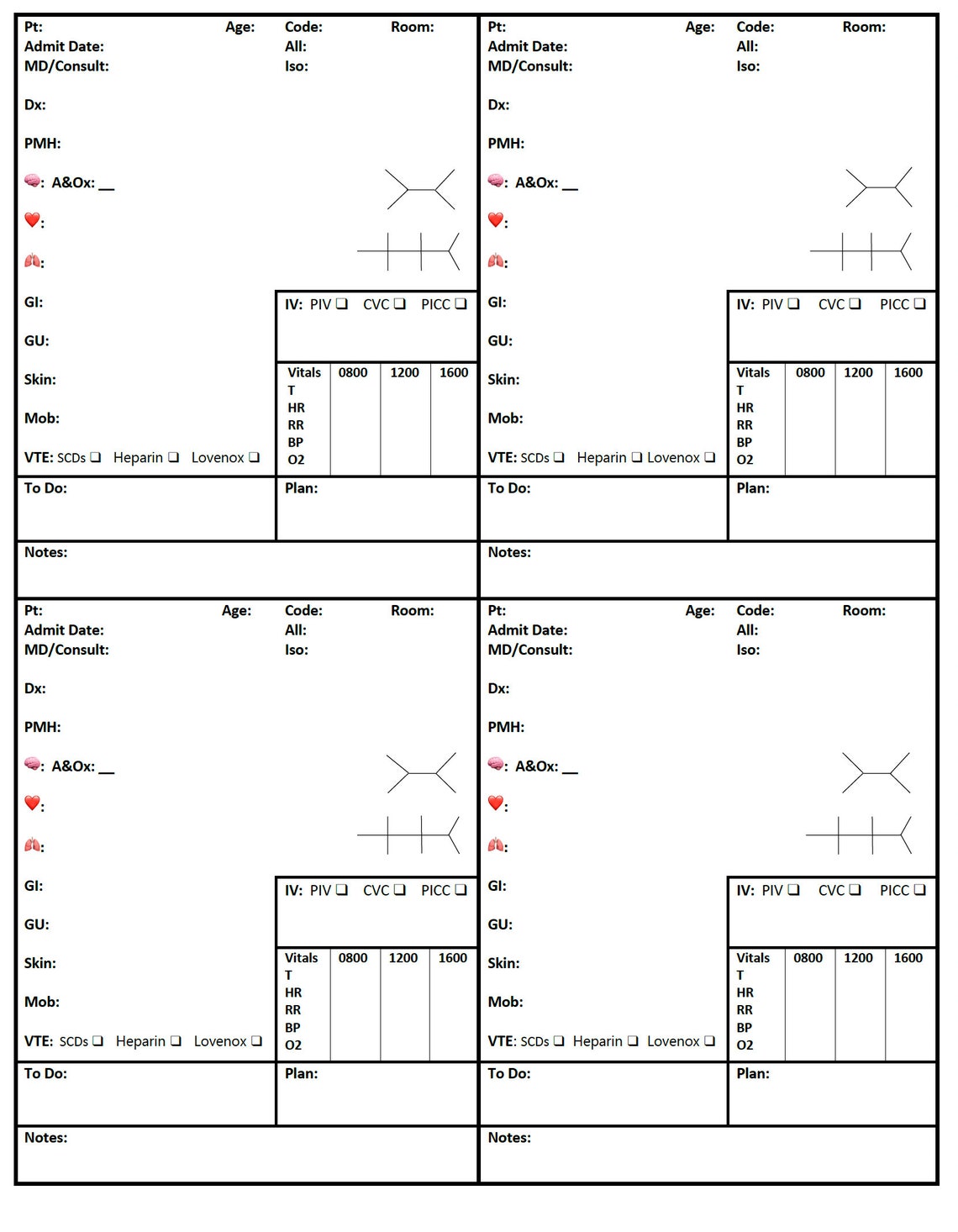 4 Patients Nurse Sheet Report AM/PM, Medical Surgical, Telemetry, RN ...