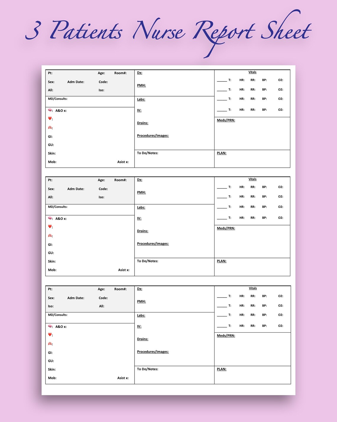3 Patients Nurse Report Sheet, Medical Surgical, Telemetry, RN Nursing ...