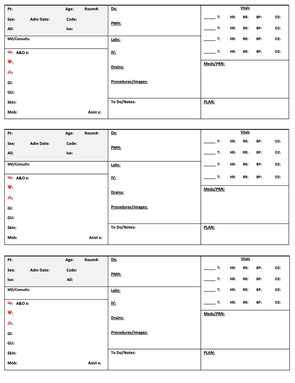 3 Patients Nurse Report Sheet, Medical Surgical, Telemetry, RN Nursing ...