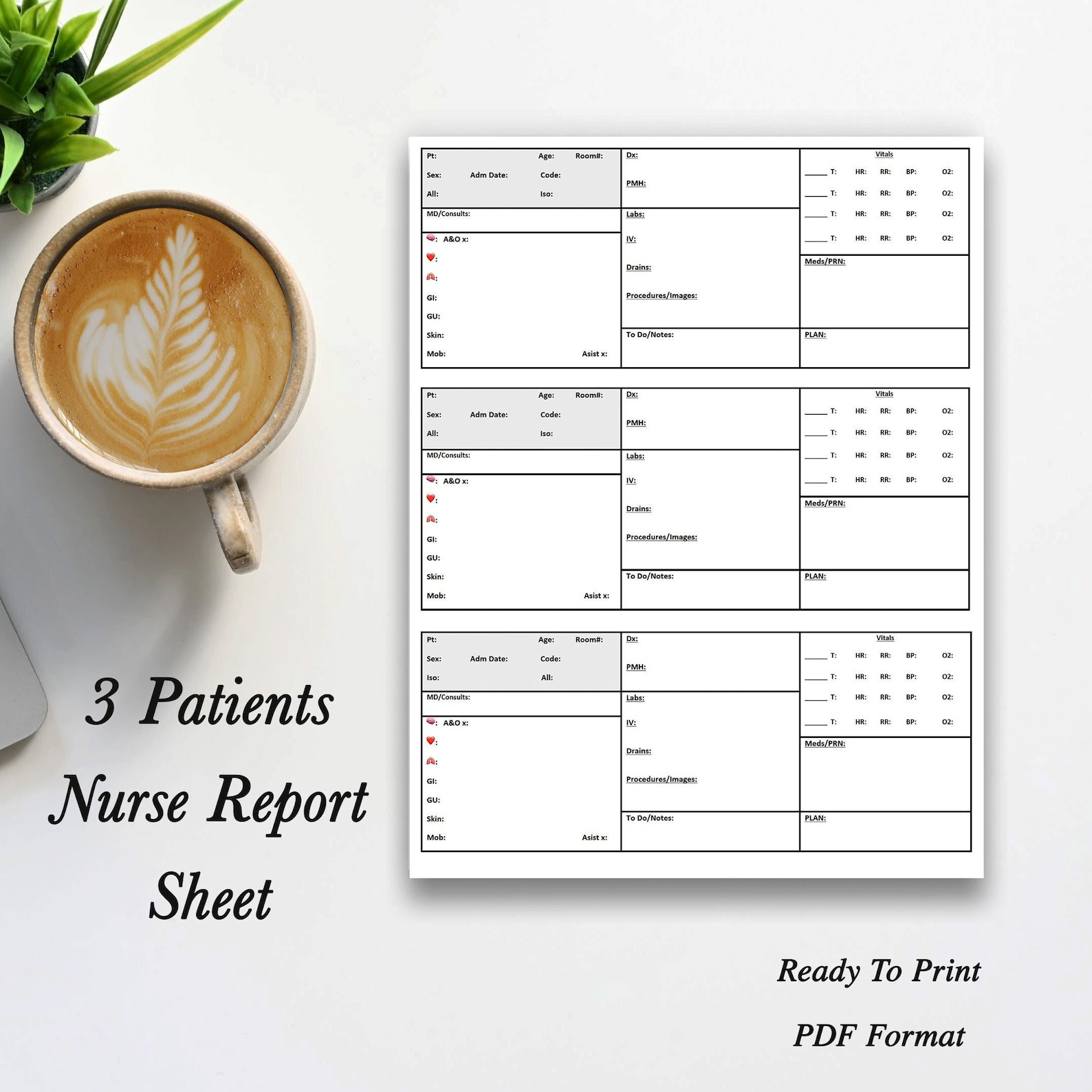 3 Patients Nurse Report Sheet, Medical Surgical, Telemetry, RN Nursing ...