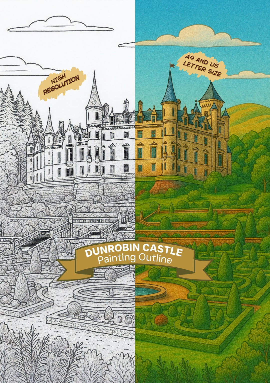 Dunrobin Castle Outline Art – Printable Line Drawing, Scottish Castle ...