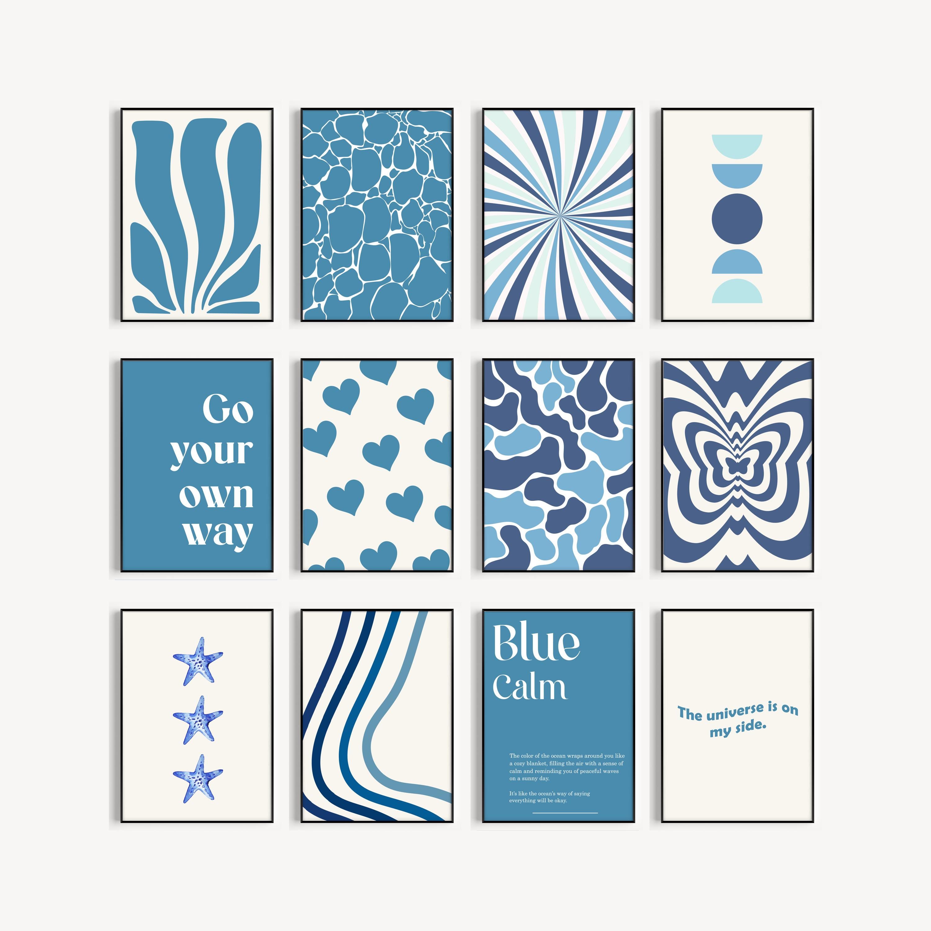 Blue Wall Retro Gallery Print Set of 12, Preppy Beachy Room Aesthetic ...
