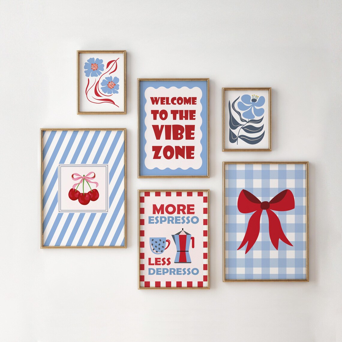 Set of 6 Red and Blue Gallery Wall, Preppy Room Decor, Trendy Retro Art ...