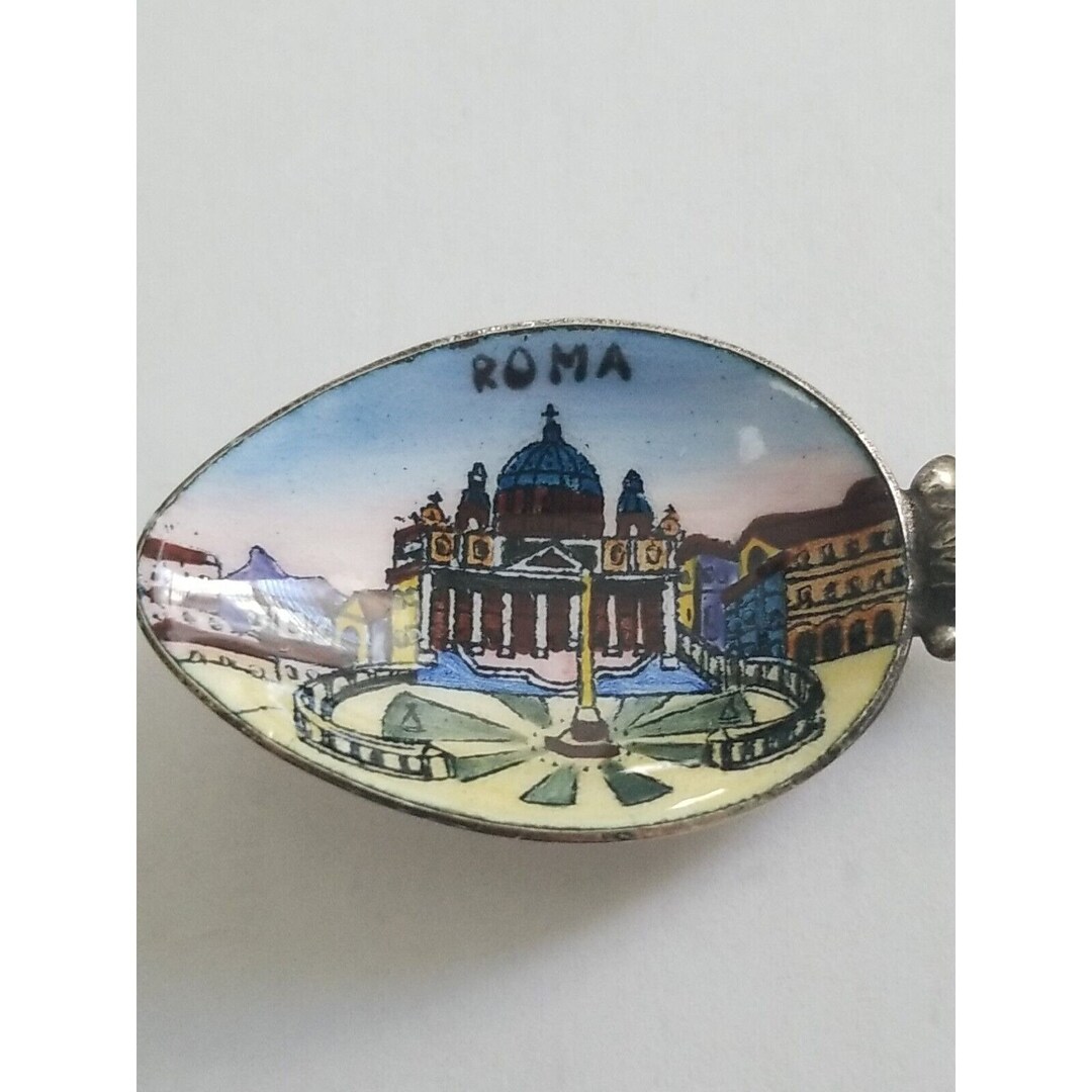 Antique Souvenir Spoon Roma Enamel Hand Painted Rome Italy Silverplated ...