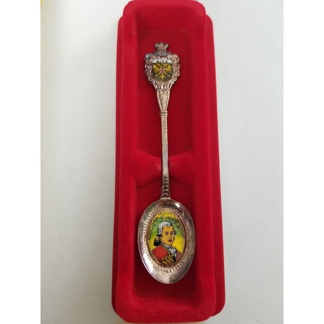 Vintage Souvenir Spoon Mozart Wien Enameled Silverplated Versilbert W ...
