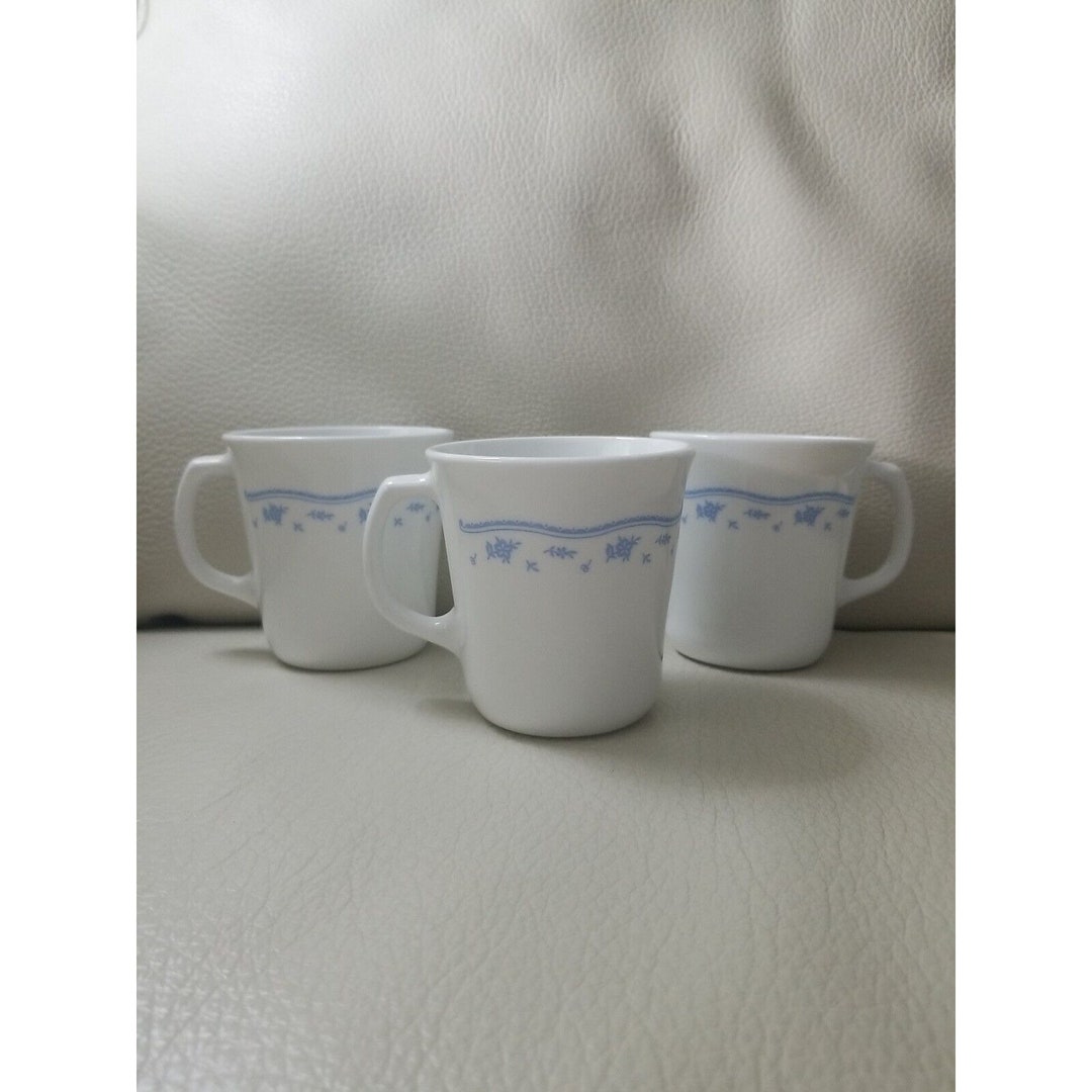 3 Vintage Corelle Coffee Cups Corning Ware Morning Blue 8 Oz D Handle ...