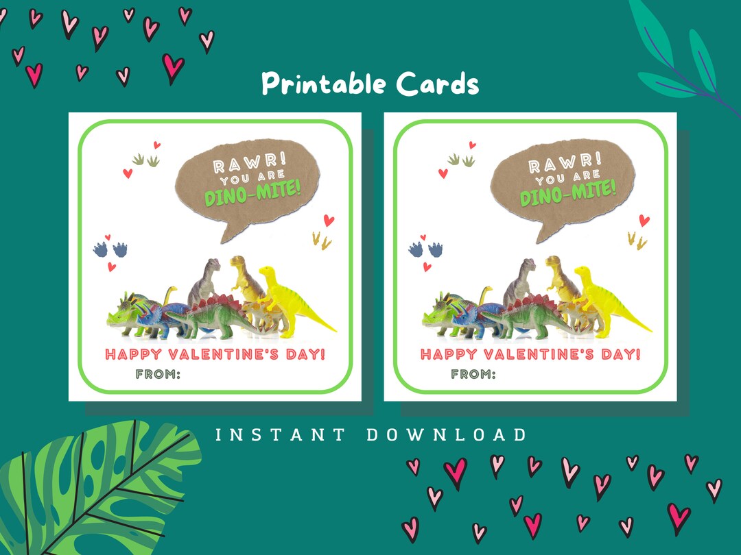 Instant Digital Download, Dinosaur Valentine's Day Card for Kids, Dino ...