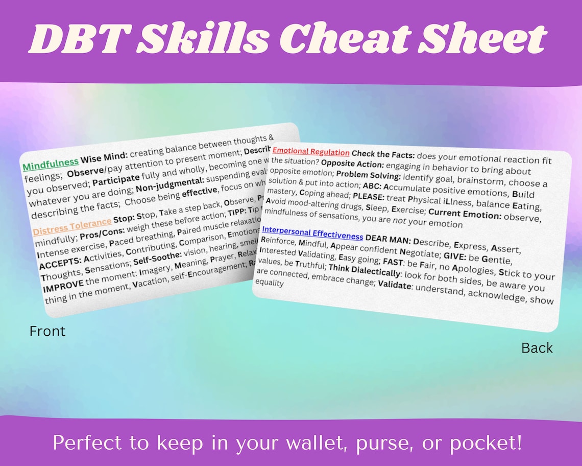DBT Skills Card, Cheat Sheet, Coping Skills, Emotional Regulation ...