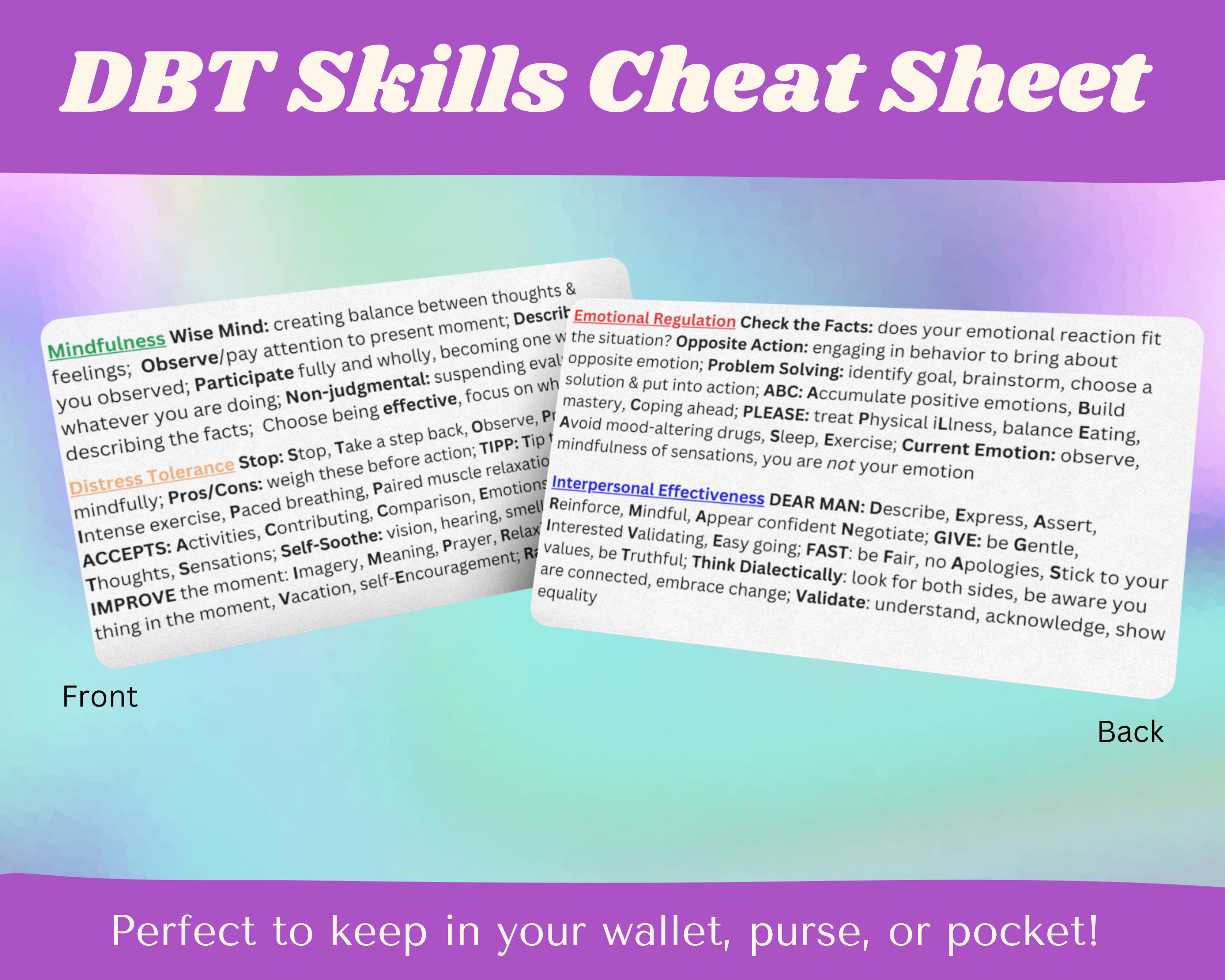 DBT Skills Card, Cheat Sheet, Coping Skills, Emotional Regulation ...