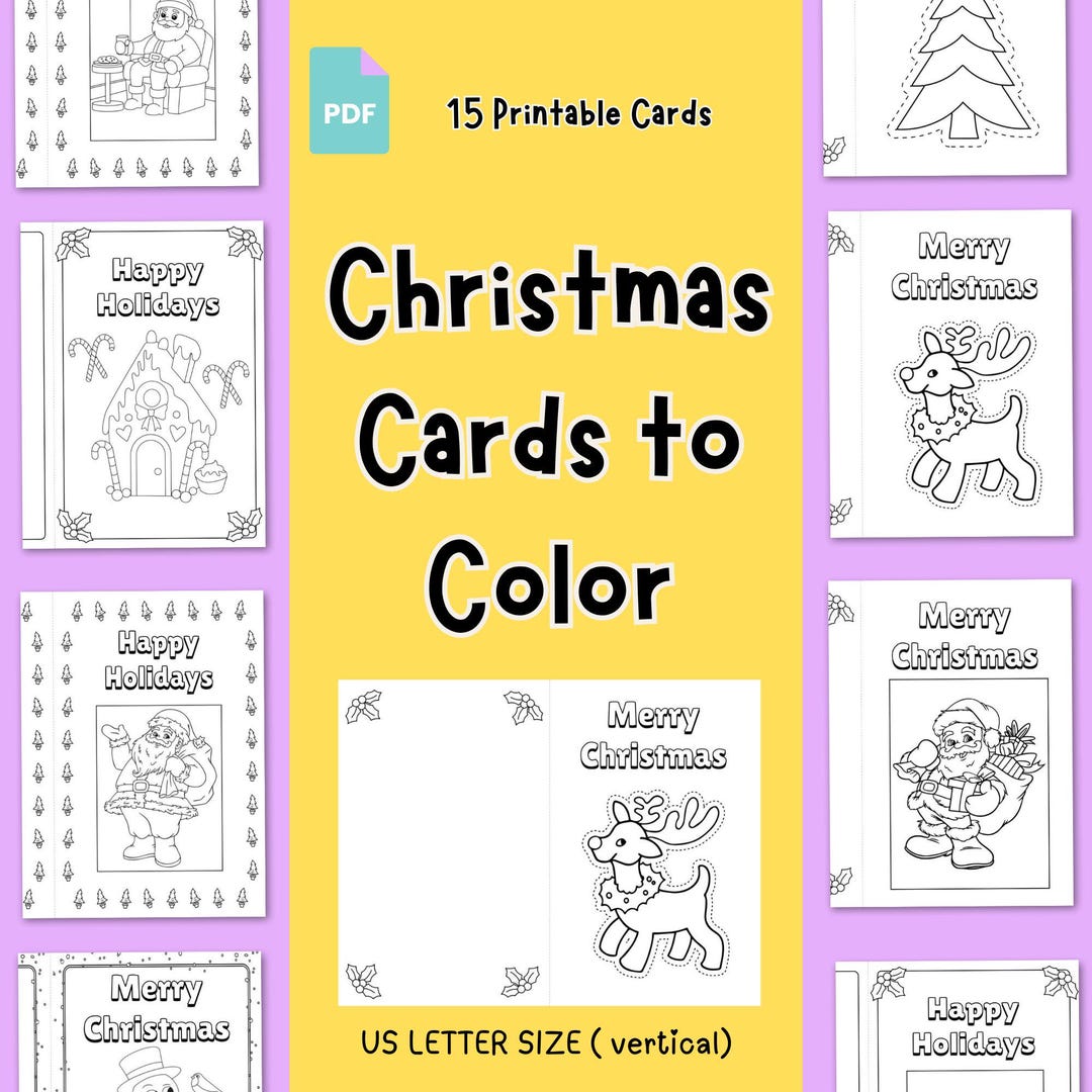 Christmas Coloring Cards for Kids, 15 Printable Holiday Designs (PDF ...