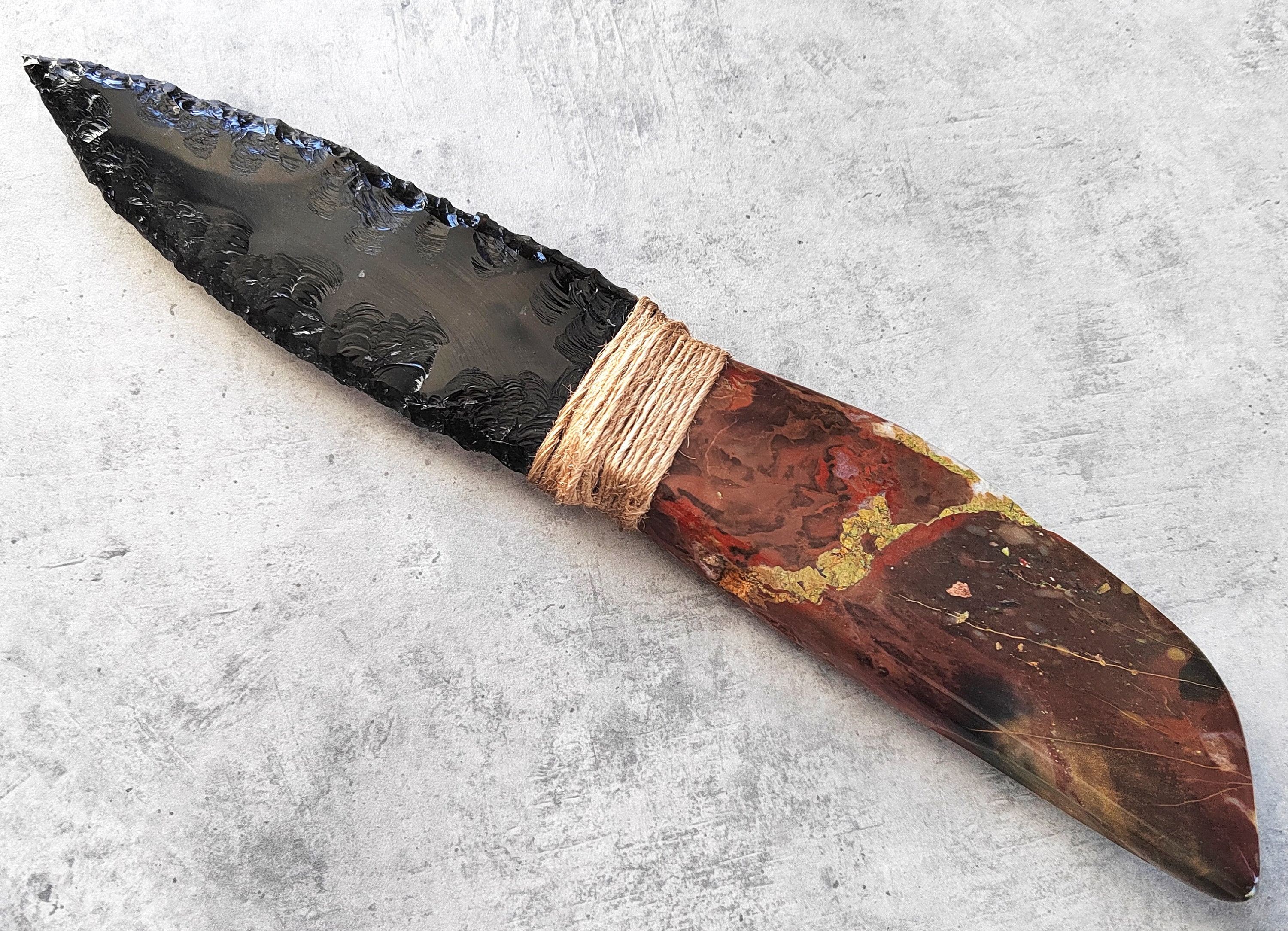 HUGE 11 Inch Obsidian Knife Handmade Stone Agate Handle Flint Knapping ...