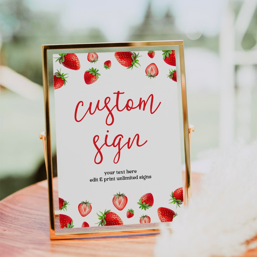 Strawberry Custom Sign Template | Strawberry Table Sign | Editable Sign ...