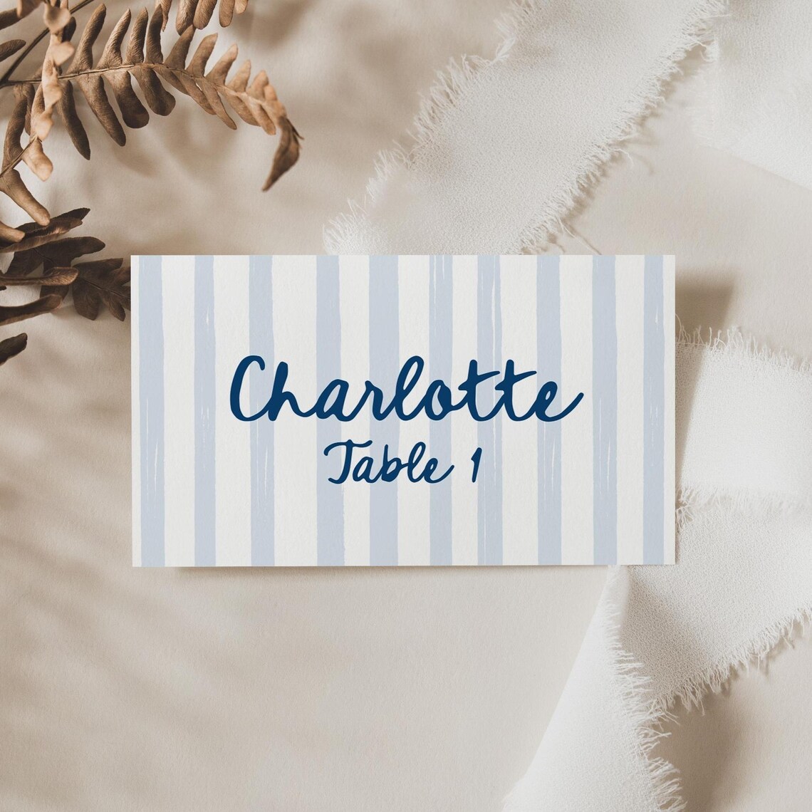 Editable Place Card Template, Coastal Beach Wedding, Blue White Striped ...