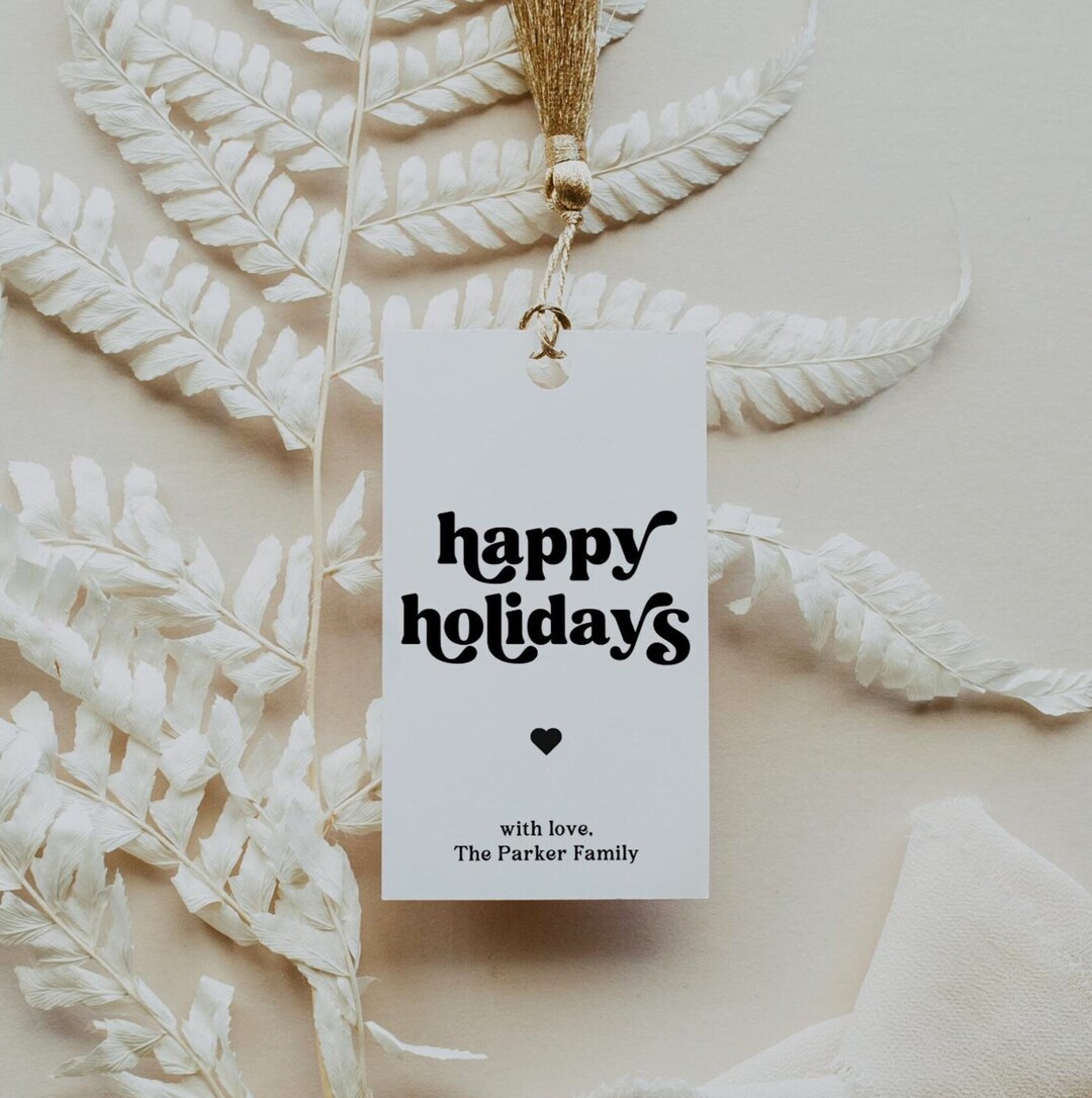 Retro Happy Holidays Gift Tag Template | Minimal Thank You Favor Tag ...
