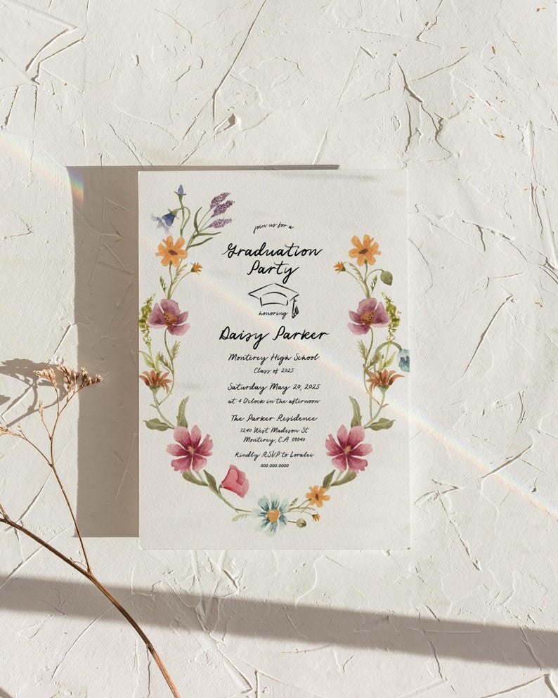 Wildflower Graduation Invitation Editable Template | Wildflowers Grad ...