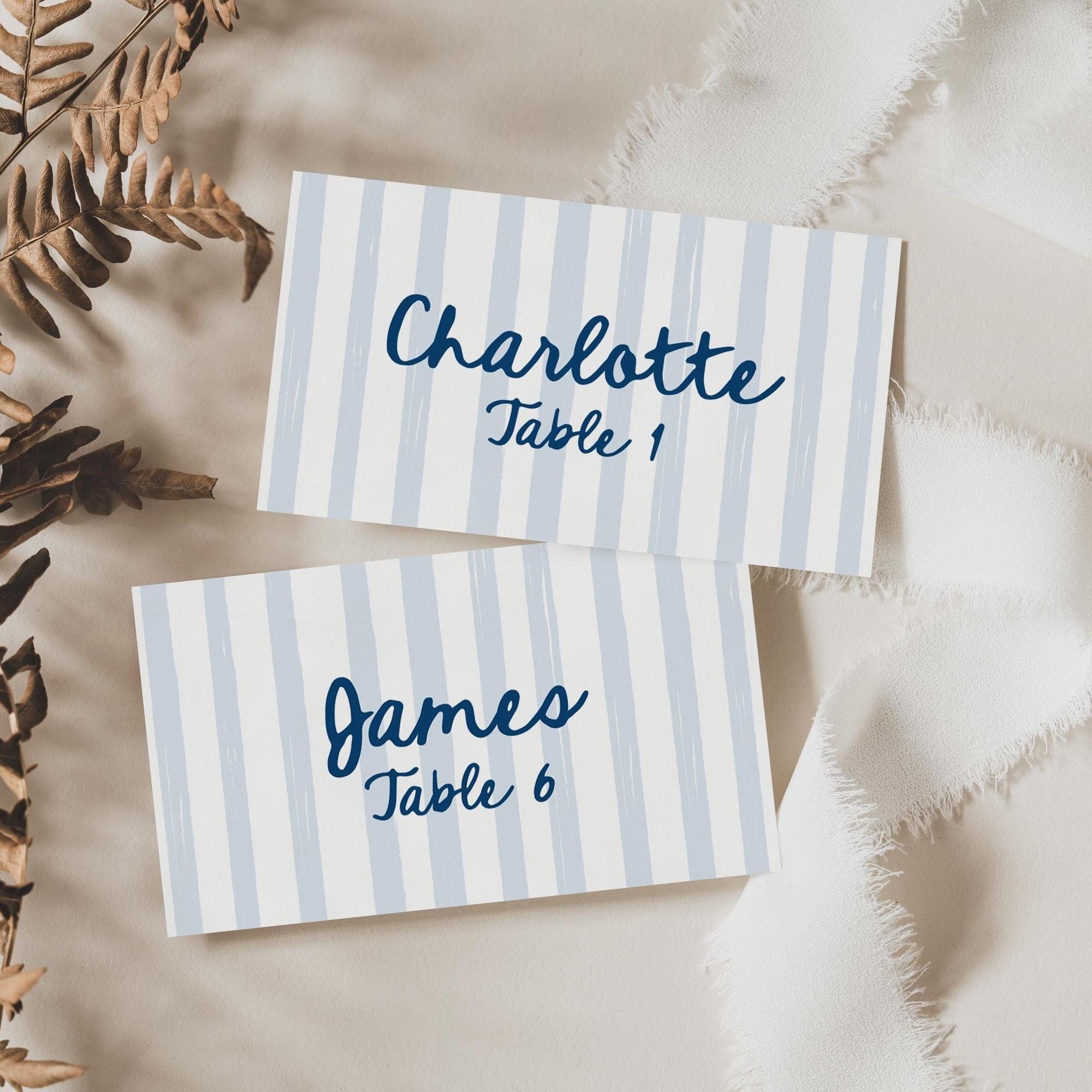 Editable Place Card Template, Coastal Beach Wedding, Blue White Striped ...
