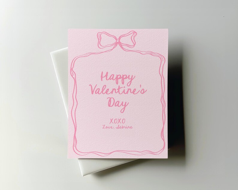 Coquette Ribbon Bow Valentines Day Card | Hand Drawn Card Template ...