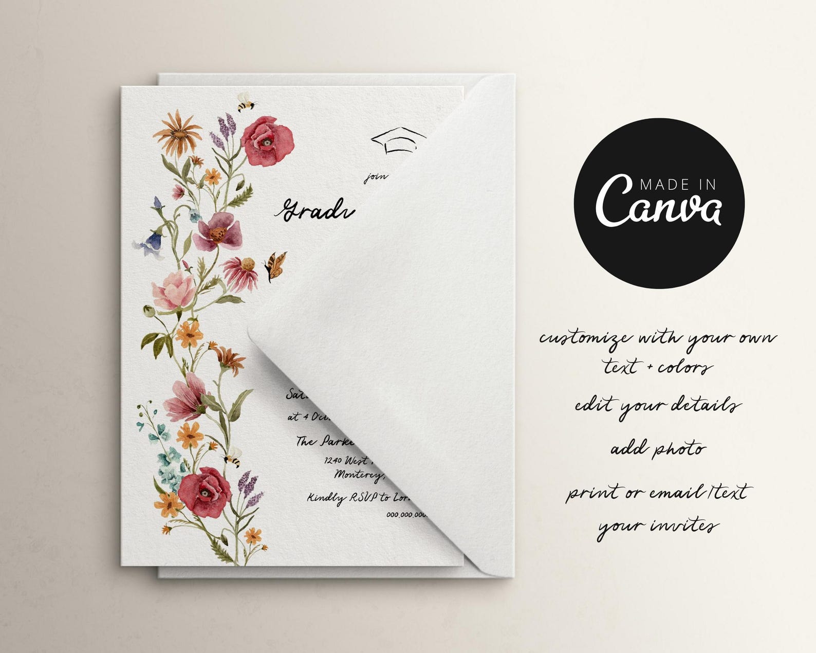 Wildflower Graduation Invitation Editable Template, Graduate ...