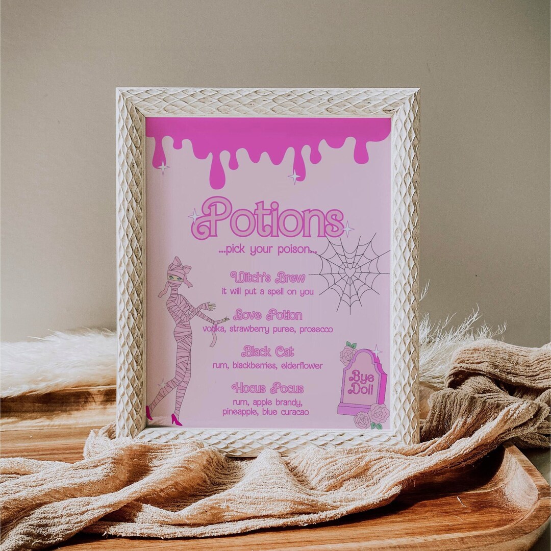 Potions Menu Drinks Sign DOLLOWEEN Editable Template Pink Mummy Barb ...