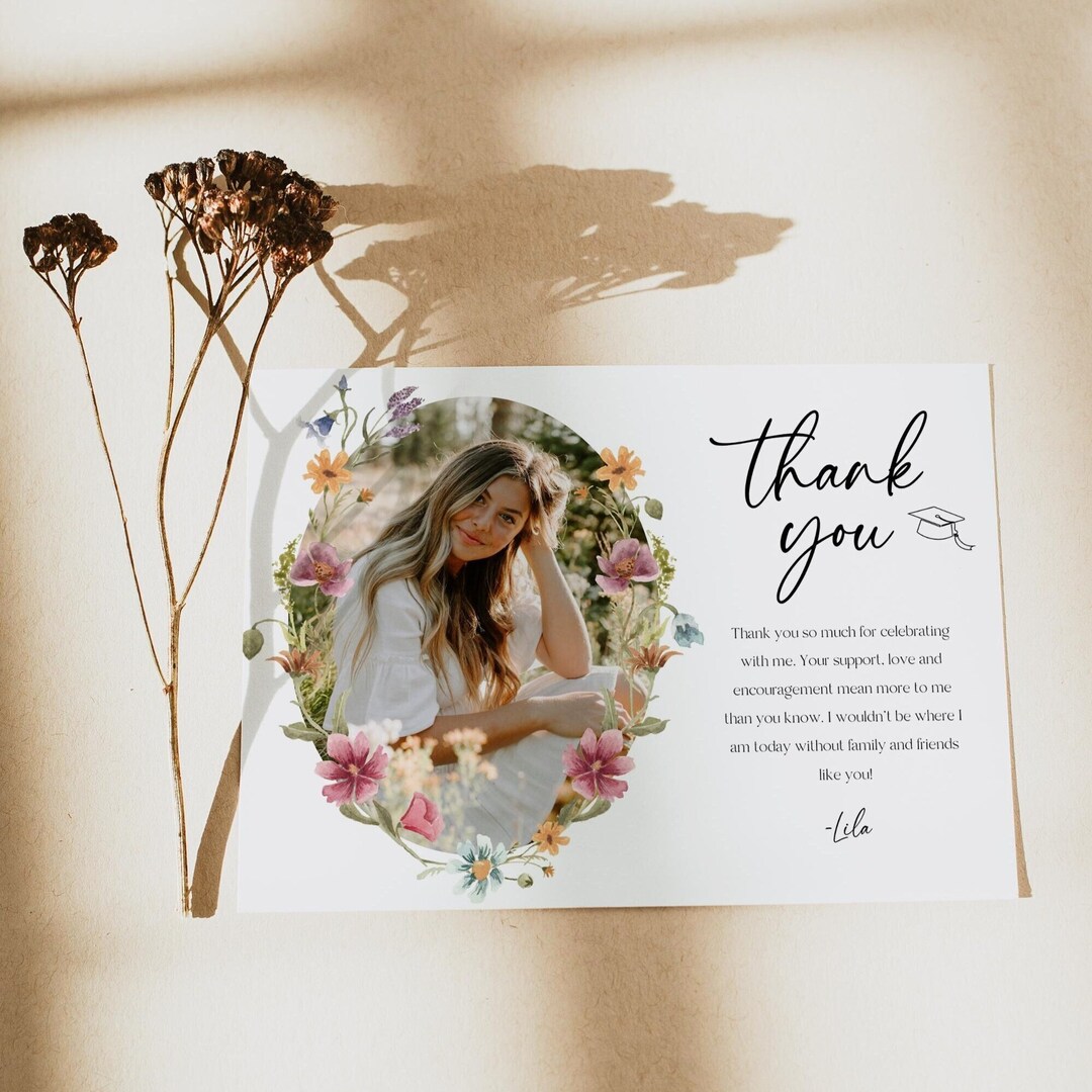Wildflower Graduation Oval Photo Thank You Card Template | Boho ...
