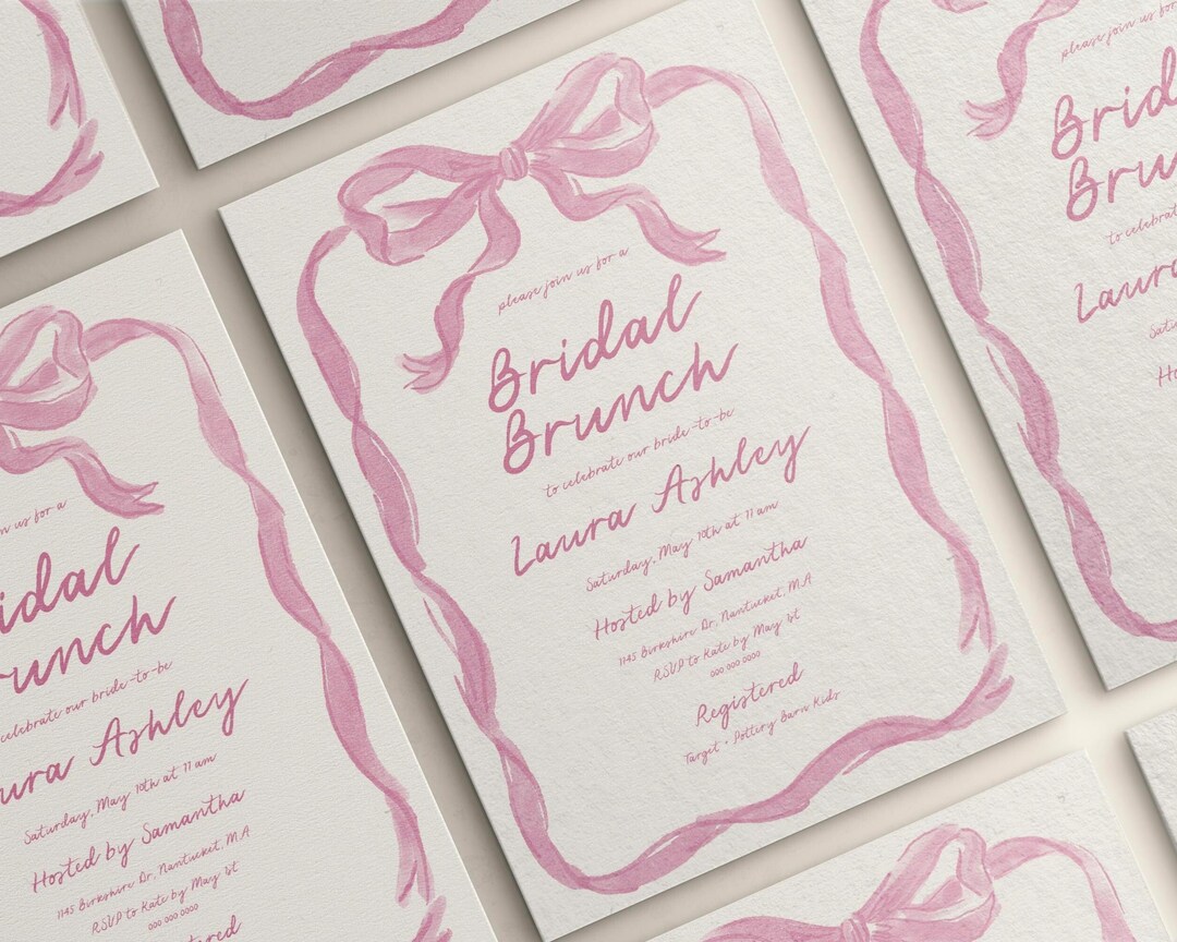 Light Pink Bow Bridal Brunch Invitation Template | Bow Frame Invite ...