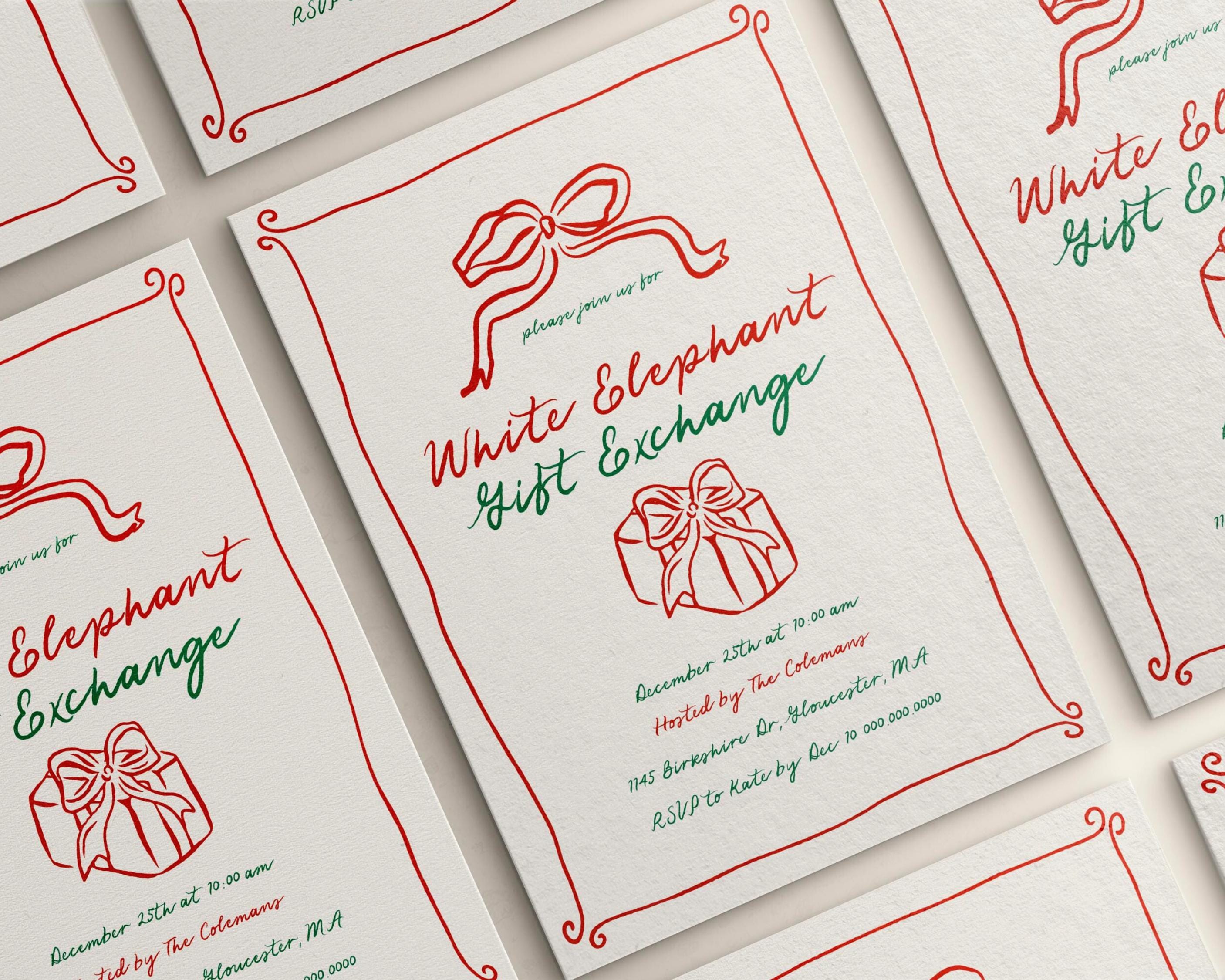 White Elephant Christmas Gift Exchange Invitation Hand Drawn | Holiday ...
